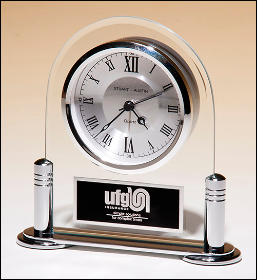 Desk Clock with Beveled Glass Upright and Silver Metal Base, Three Han